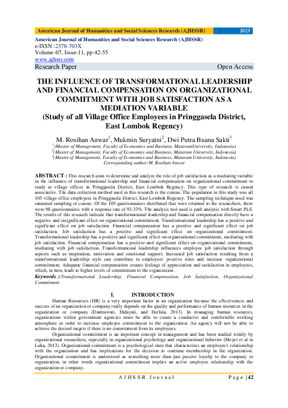 (PDF) THE INFLUENCE OF TRANSFORMATIONAL LEADERSHIP AND FINANCIAL COMPENSATION ON ORGANIZATIONAL ...