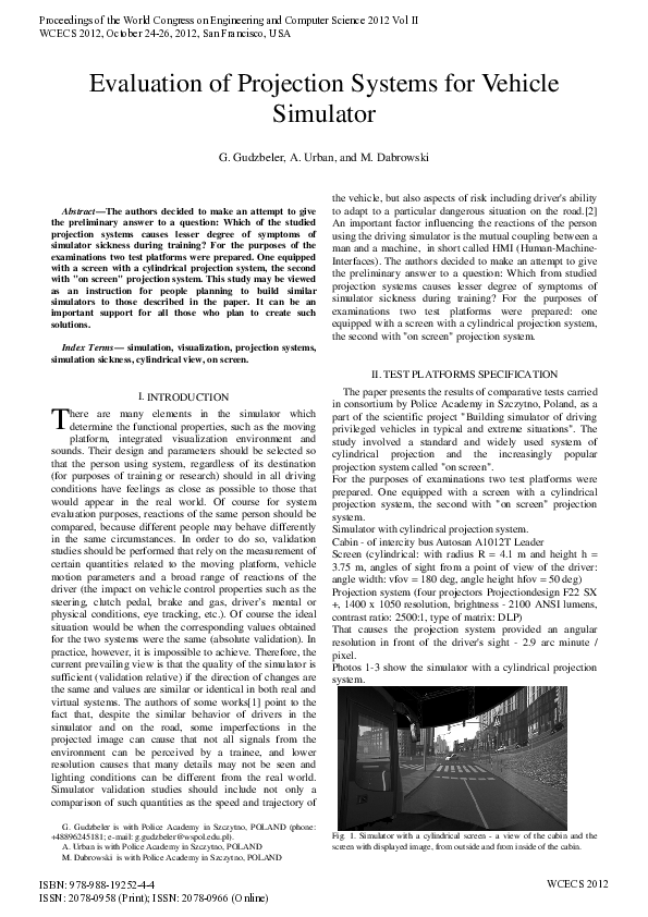(PDF) Evaluation of Projection Systems for Vehicle Simulator
