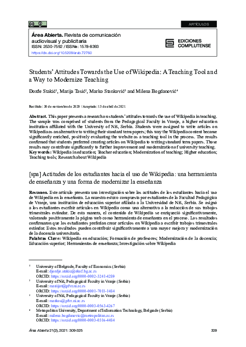 (PDF) Students’ Attitudes Towards the Use of Wikipedia: A Teaching Tool ...