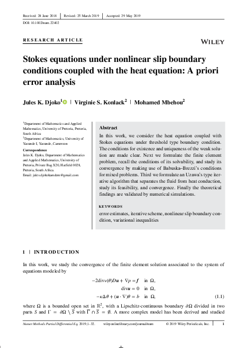 Pdf Stokes Equations Under Nonlinear Slip Boundary Conditions Coupled With The Heat Equation