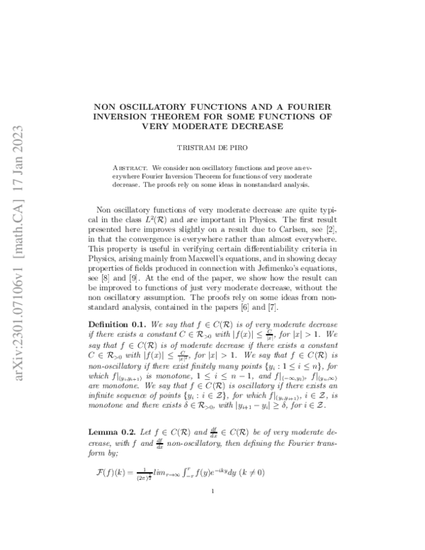 (PDF) Non Oscillatory Functions and A Fourier Inversion Theorem for Some Functions of Very ...