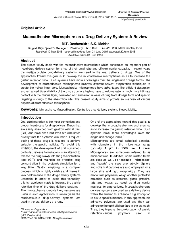 (PDF) Mucoadhesive Microsphere as a Drug Delivery System: A Review