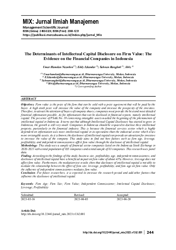(PDF) The Determinants of Intellectual Capital Disclosure on Firm Value: The Evidence on the ...