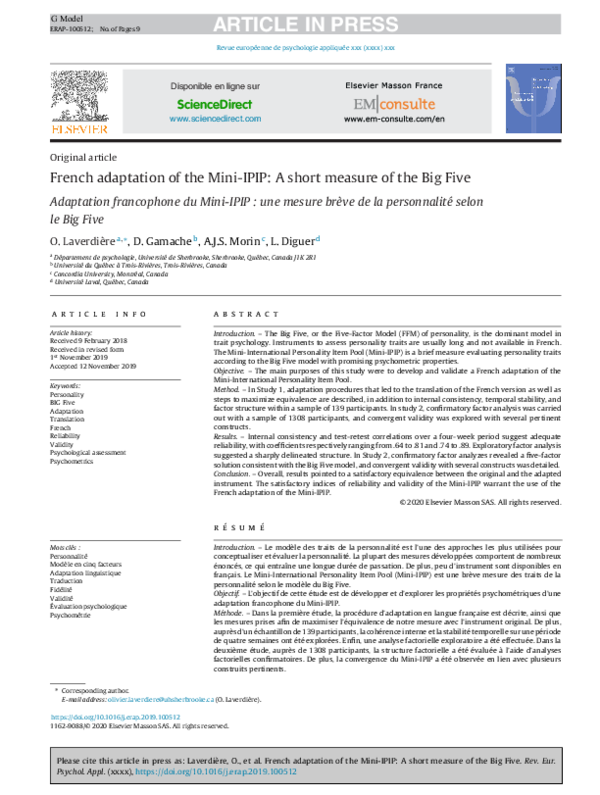 (PDF) French adaptation of the Mini-IPIP: A short measure of the Big Five