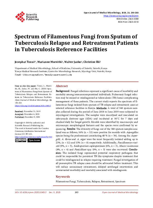 (PDF) Spectrum of Filamentous Fungi from Sputum of Tuberculosis Relapse ...
