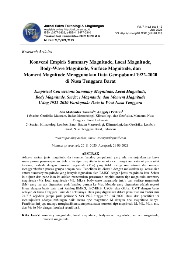 (PDF) Konversi Empiris Summary Magnitude, Local Magnitude, Body-Wave ...
