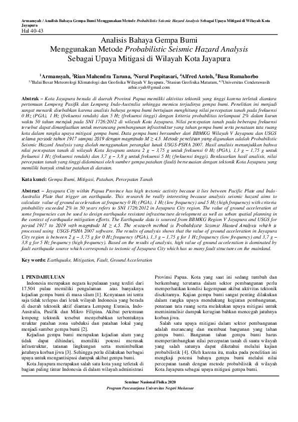 (PDF) Analisis Bahaya Gempa Bumi Menggunakan Metode Probabilistic Seismic Hazard Analysis ...