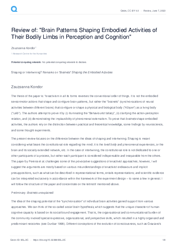 (PDF) Review of: "Brain Patterns Shaping Embodied Activities of Their ...