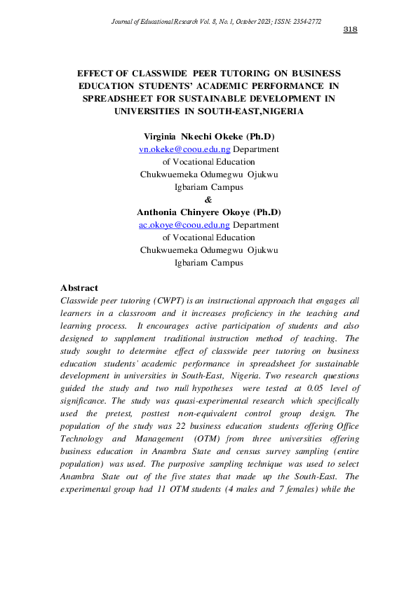 (PDF) EFFECT OF CLASSWIDE PEER TUTORING ON BUSINESS EDUCATION STUDENTS' ACADEMIC PERFORMANCE IN ...