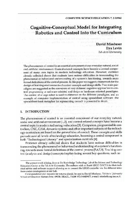 (PDF) Cognitive‐Conceptual Model for Integrating Robotics and Control Into the Curriculum ...