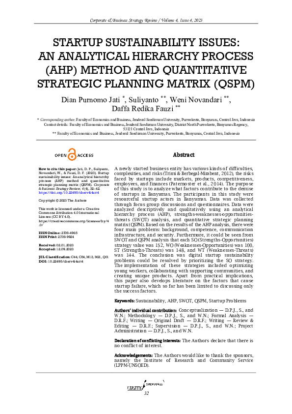 (PDF) Startup sustainability issues: An analytical hierarchy process (AHP) method and ...