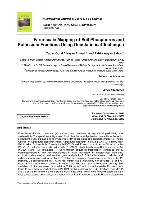 (PDF) Farm-scale Mapping of Soil Phosphorus and Potassium Fractions Using Geostatistical Technique