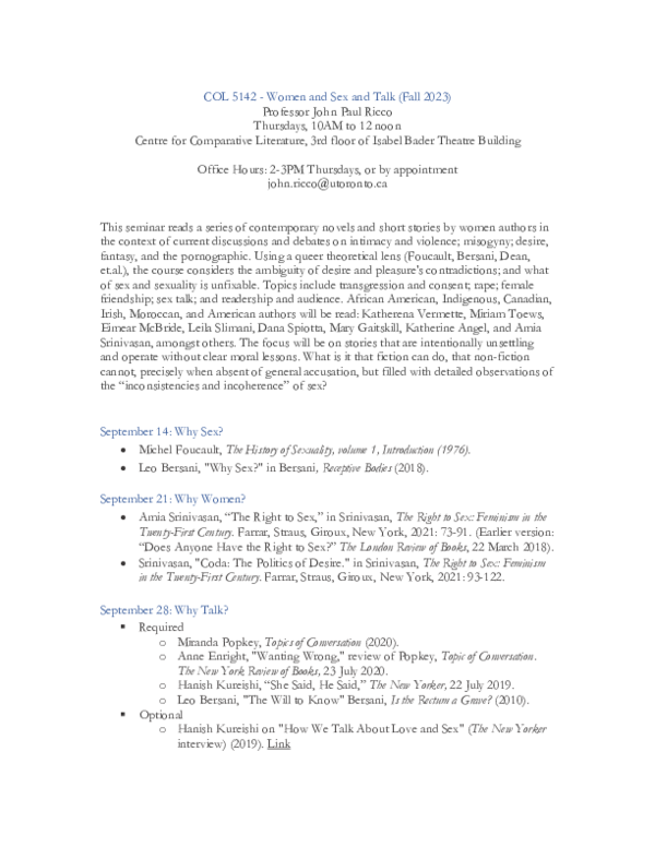 Pdf Syllabus Women And Sex And Talk Comp Lit Grad Seminar Fall