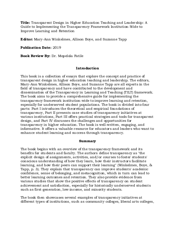 (PDF) Title: Transparent Design in Higher Education Teaching and ...