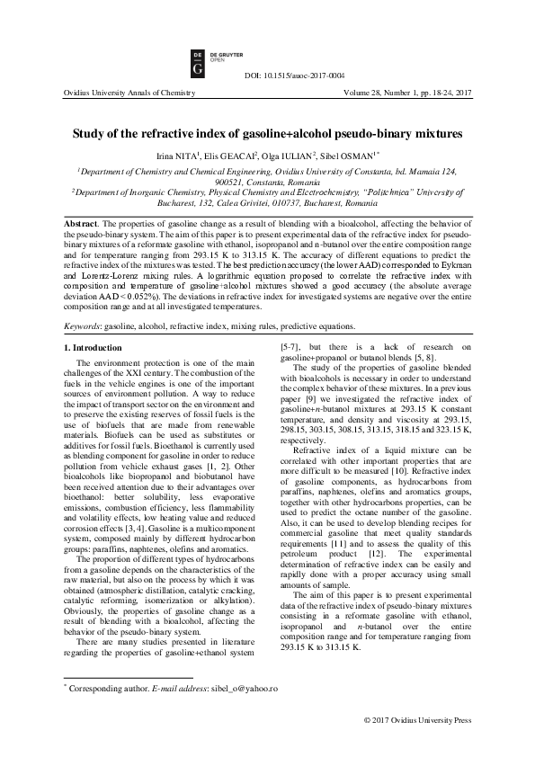 (PDF) Study of the refractive index of gasoline+alcohol pseudo-binary mixtures Seria Chimie
