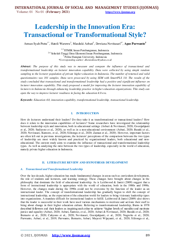 (PDF) Leadership in the Innovation Era: Transactional or Transformational Style?