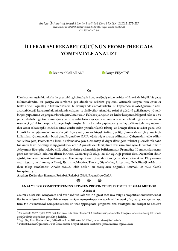 (PDF) İllerarası rekabet gücünün Promethee Gaia yöntemiyle analizi