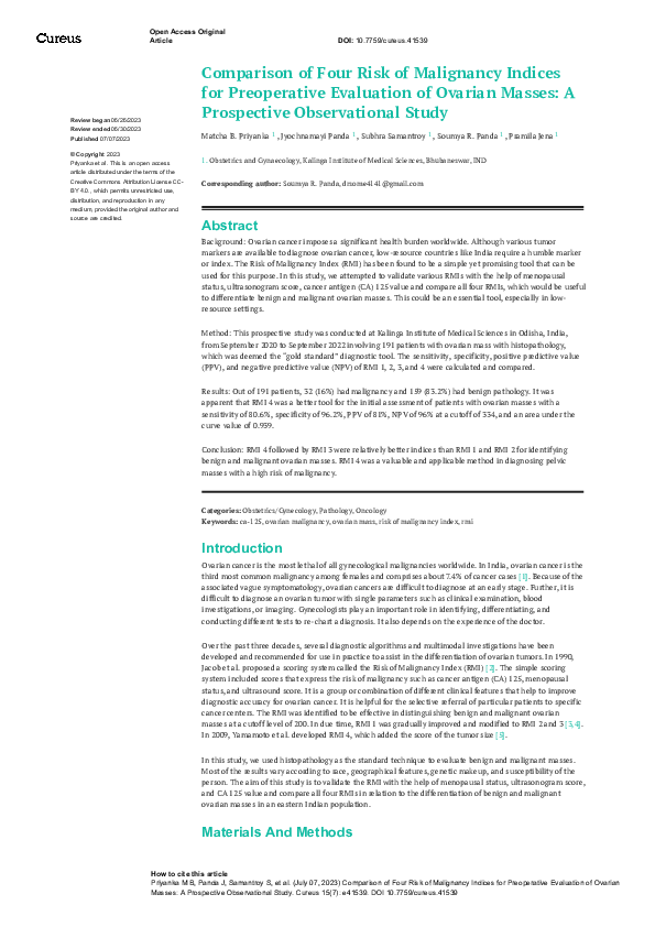 (PDF) Comparison of Four Risk of Malignancy Indices for Preoperative Evaluation of Ovarian ...