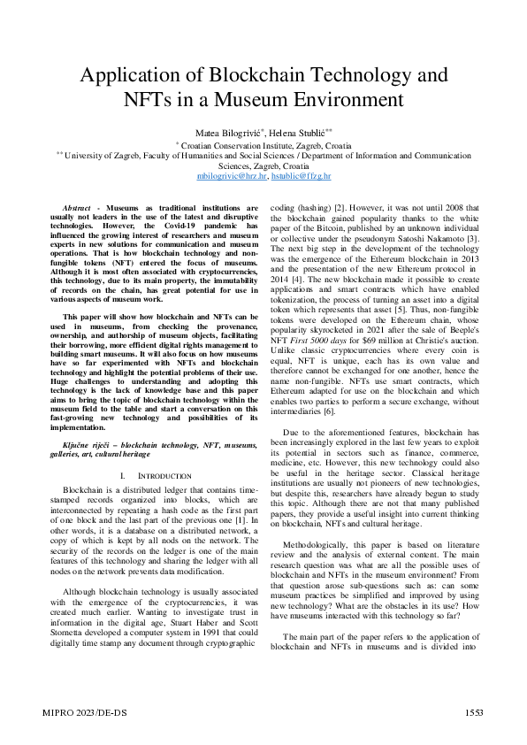 (PDF) Application of Blockchain Technology and NFTs in a Museum Environment
