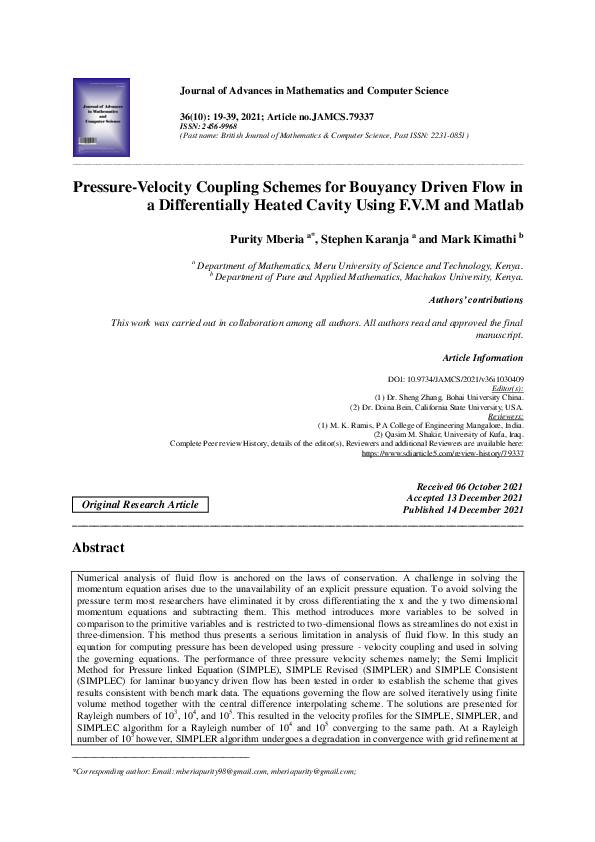 (PDF) Pressure-Velocity Coupling Schemes for Bouyancy Driven Flow in a Differentially Heated ...