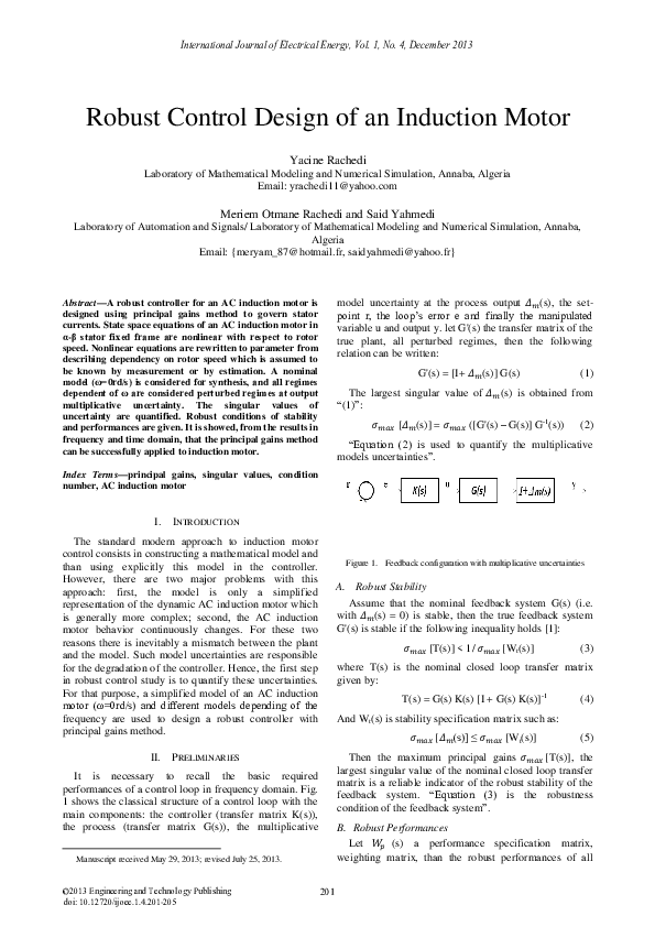 (PDF) Robust Control Design of an Induction Motor | Meriem OTMANE RACHEDI - Academia.edu