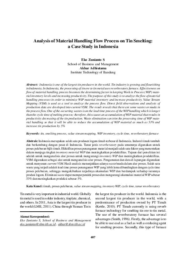 (PDF) Analysis of Material Handling Flow Process on Tin Smelting: a ...