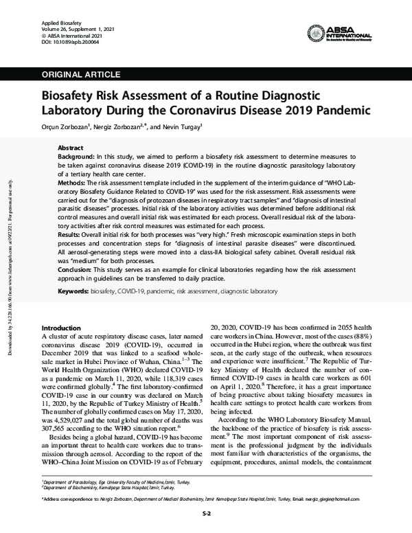 (PDF) Biosafety Risk Assessment of a Routine Diagnostic Laboratory ...