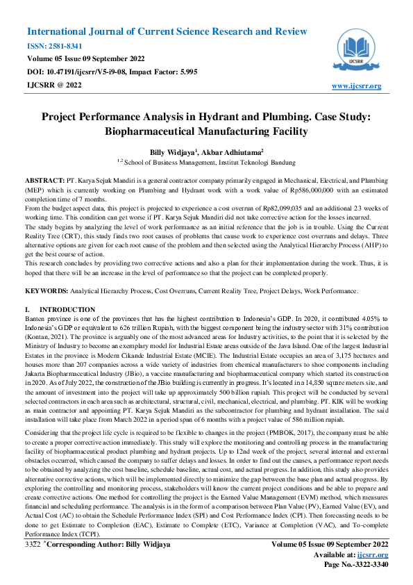 (PDF) Project Performance Analysis in Hydrant and Plumbing. Case Study: Biopharmaceutical ...