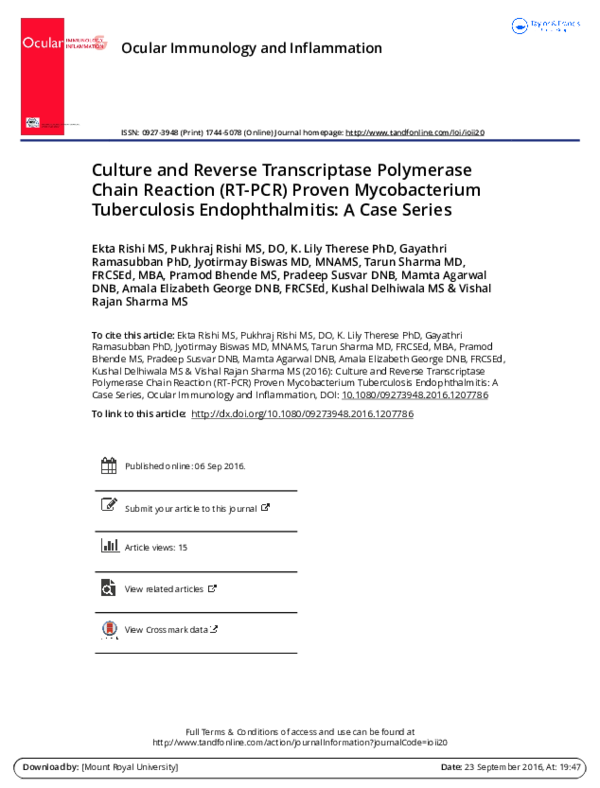 (PDF) Culture and Reverse Transcriptase Polymerase Chain Reaction (RT-PCR) proven Tuberculous ...