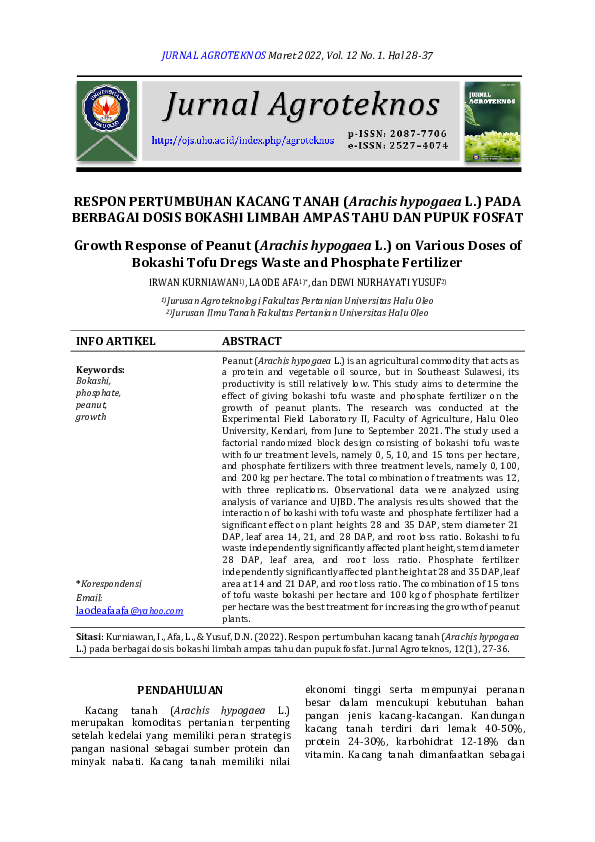 (PDF) RESPON PERTUMBUHAN KACANG TANAH (Arachis hypogaea L.) PADA BERBAGAI DOSIS BOKASHI LIMBAH ...