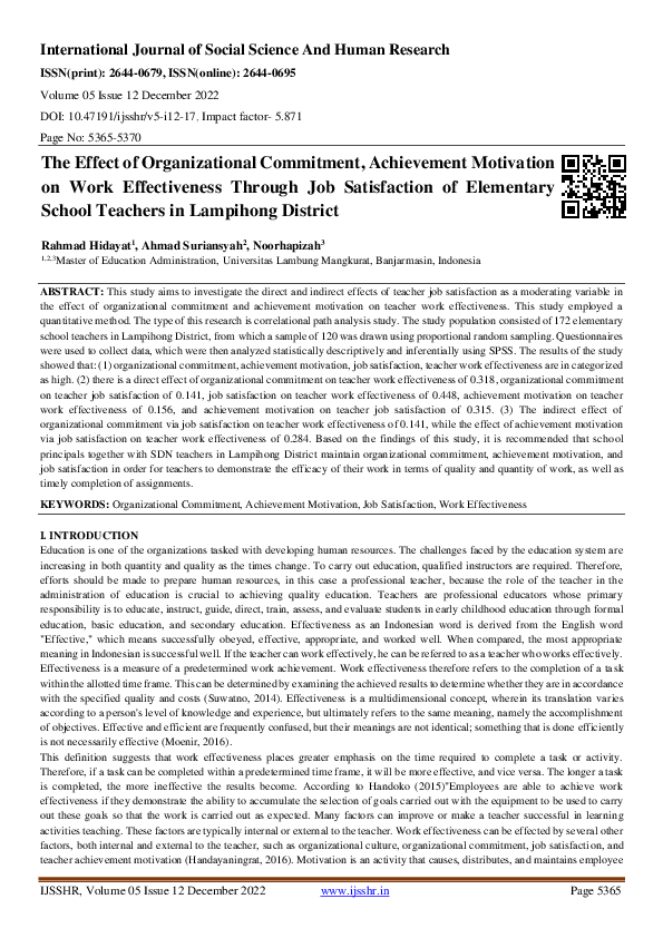 (PDF) The Effect of Organizational Commitment, Achievement Motivation on Work Effectiveness ...