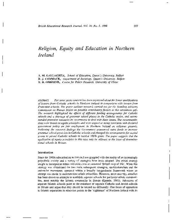 (PDF) Religion, Equity and Education in Northern Ireland