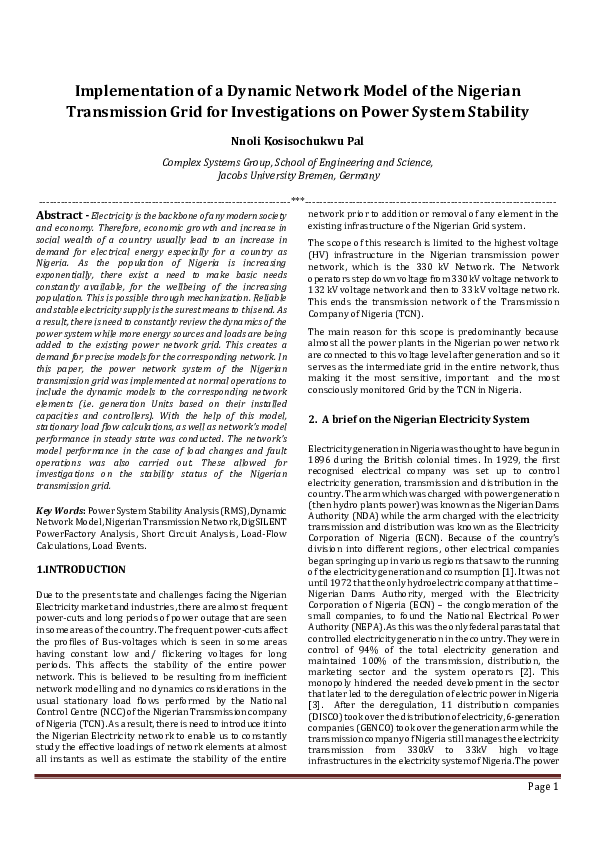 (PDF) Implementation of a Dynamic Network Model of the Nigerian Transmission Grid for ...