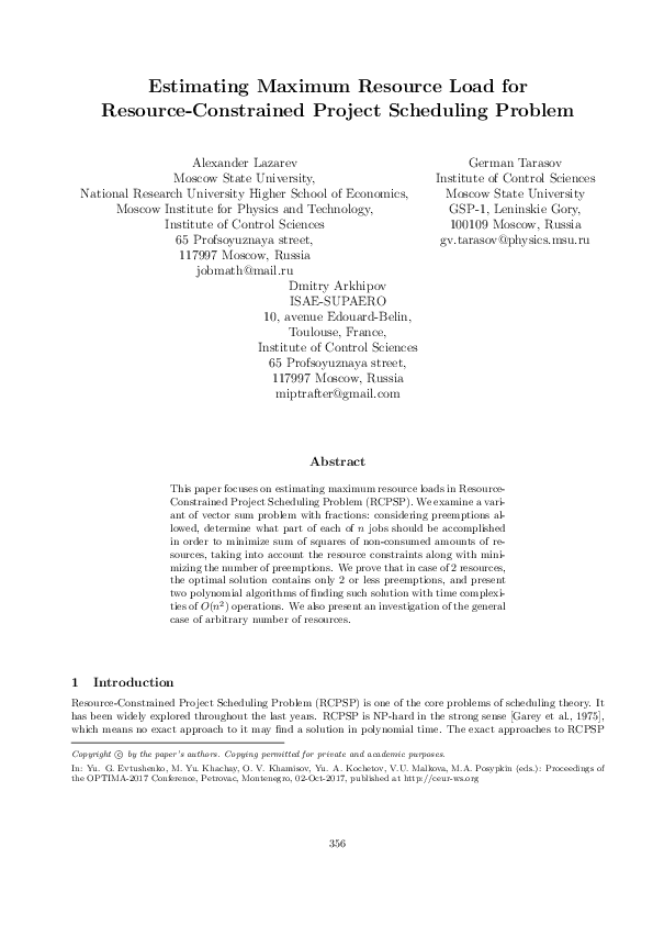 Pdf Estimating Maximum Resource Load For Resource Constrained Project Scheduling Problem