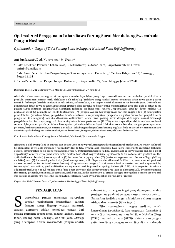 (PDF) Optimalisasi Penggunaan Lahan Rawa Pasang Surut Mendukung Swasembada Pangan Nasional