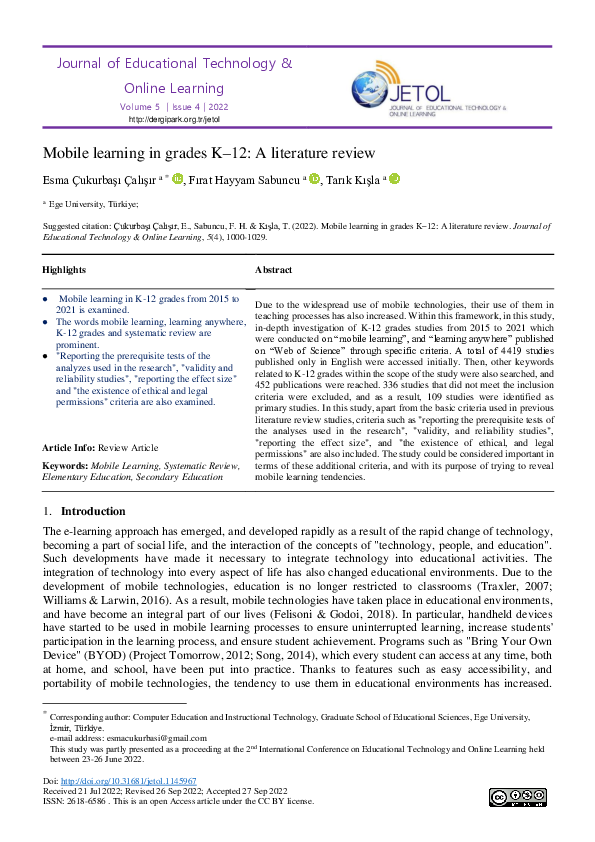 (PDF) Mobile learning in grades K–12: A literature review