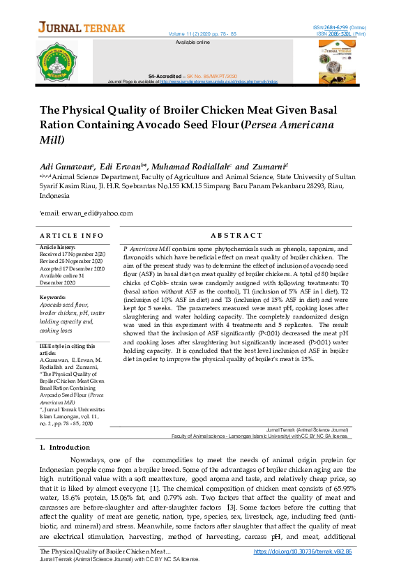 (PDF) The Physical Quality of Broiler Chicken Meat Given Basal Ration Containing Avocado Seed ...
