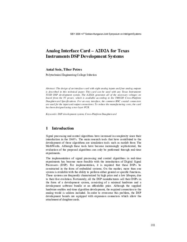 Pdf Analog Interface Card A2d2a For Texas Instruments Dsp Development Systems