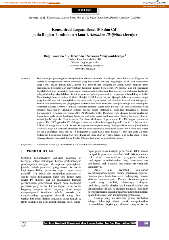 (PDF) Konsentrasi Logam Berat (Pb dan Cd) pada Bagian Tumbuhan Akuatik ...