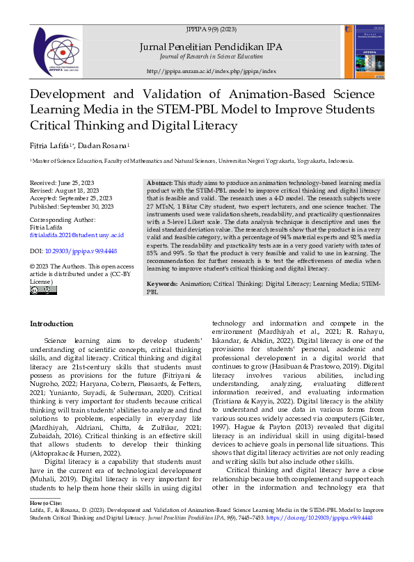 (PDF) Development and Validation of Animation-Based Science Learning Media in the STEM-PBL Model ...