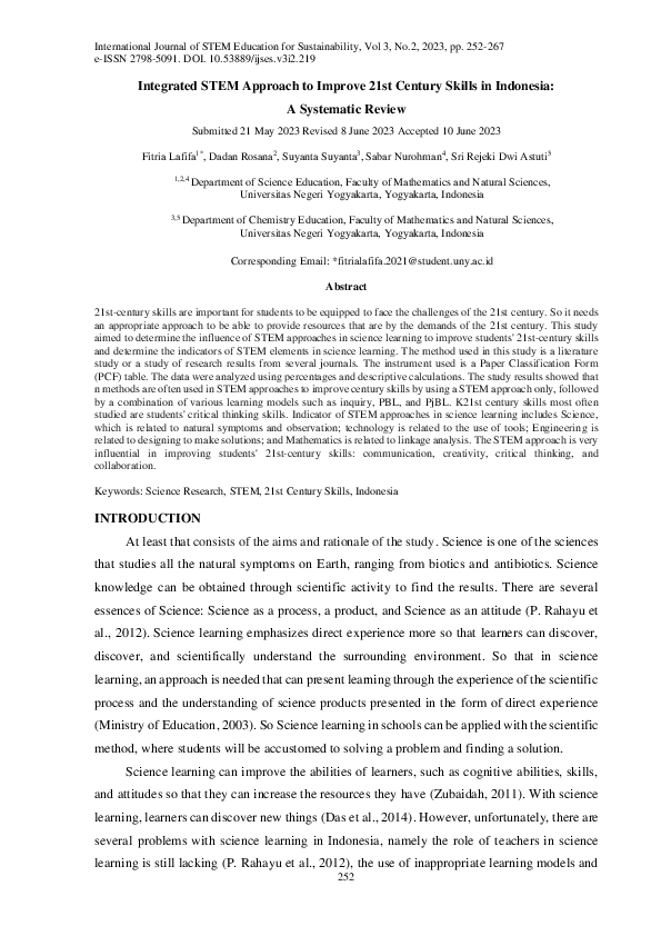 (PDF) Integrated STEM Approach to Improve 21st Century Skills in ...