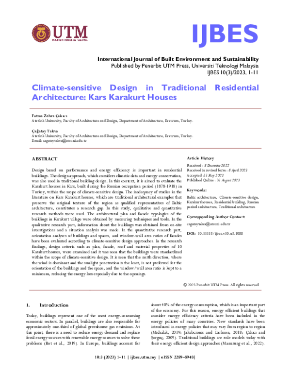(PDF) Climate-sensitive Design in Traditional Residential Architecture: Kars Karakurt Houses