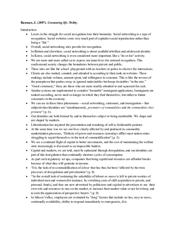 (DOC) Z. Bauman Consuming Life, notes for graduate students