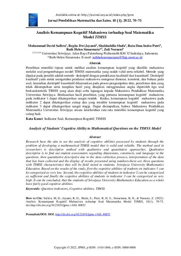 (PDF) Analisis Kemampuan Kognitif Mahasiswa terhadap Soal Matematika Model TIMSS
