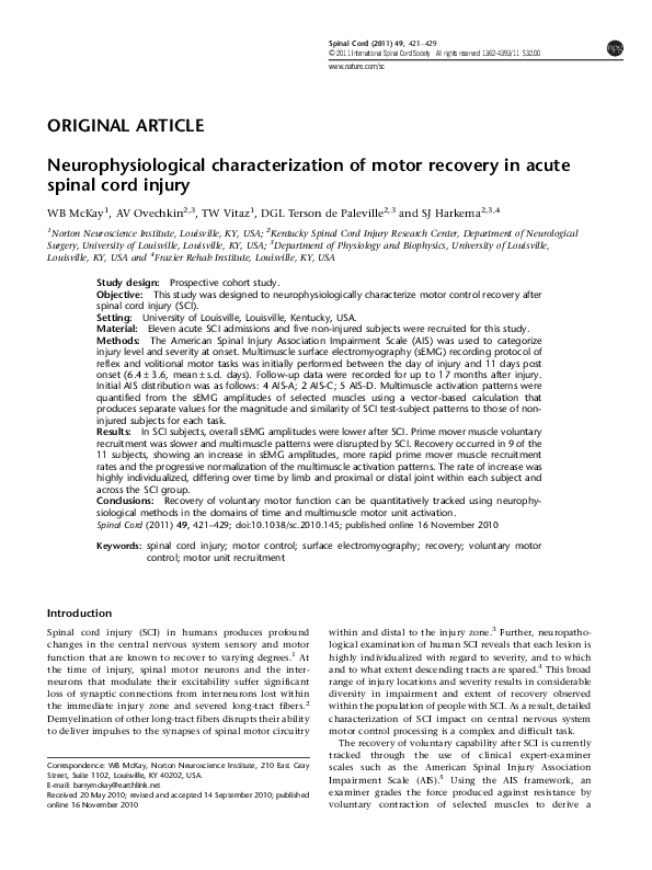 (PDF) Neurophysiological characterization of motor recovery in acute spinal cord injury