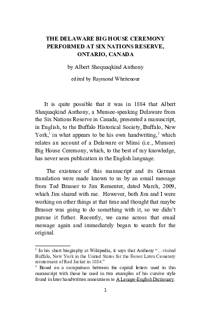 (DOC) THE DELAWARE BIG HOUSE CEREMONY PERFORMED AT SIX NATIONS RESERVE ...