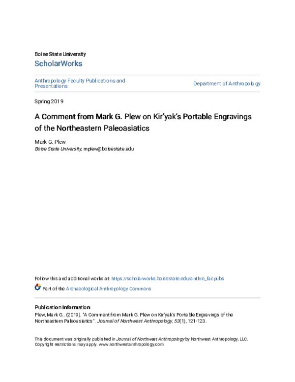 (PDF) A Comment from Mark G. Plew on Kir’yak’s Portable Engravings of ...