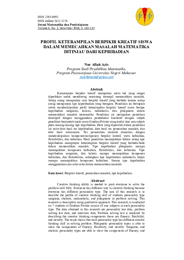 (PDF) Profil Keterampilan Berpikir Kreatif Siswa dalam Memecahkan Masalah Matematika Ditinjau ...