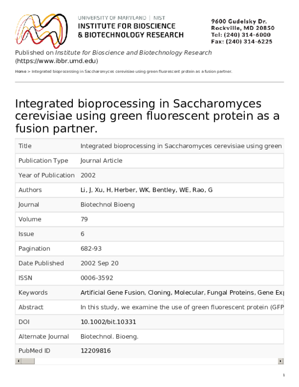 (PDF) Integrated bioprocessing in Saccharomyces cerevisiae using green fluorescent protein as a ...
