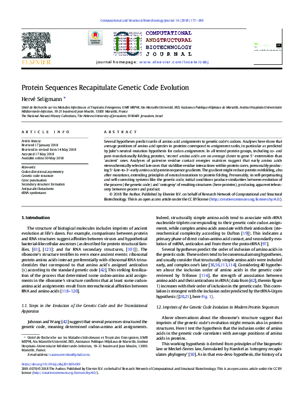 (PDF) Protein Sequences Recapitulate Genetic Code Evolution